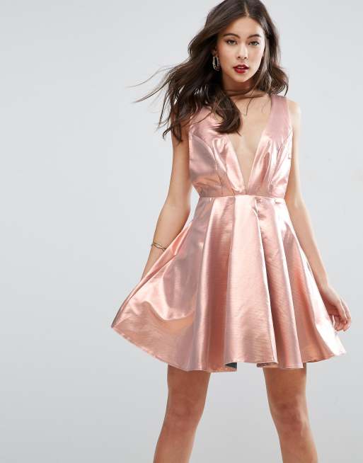 Asos Asos Metallic Deep Plunge Mini Skater Dress