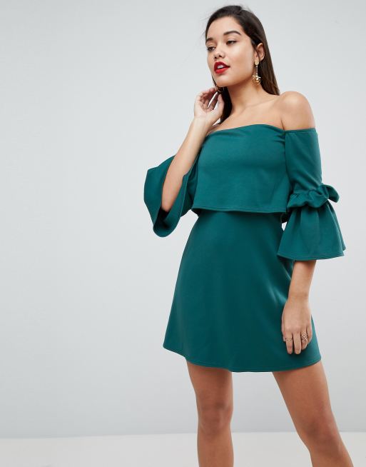 Asos Asos Scuba Crop Top Bardot Fluted Sleeve Mini Dress