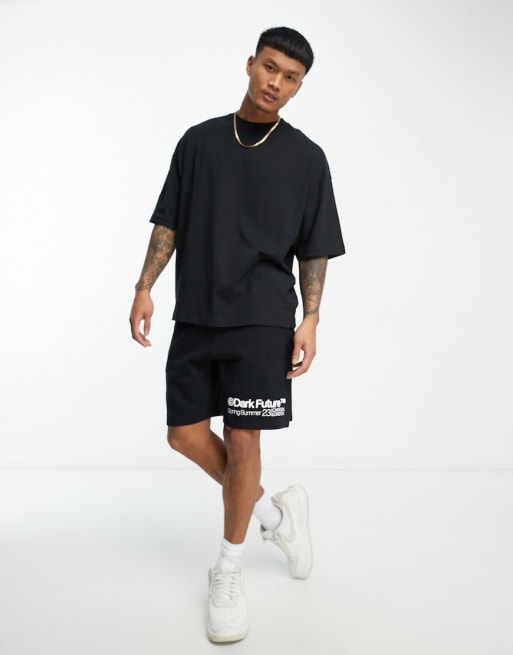 Asos Dark Future Co Ord Relaxed Short With Logo Print In Black Asos