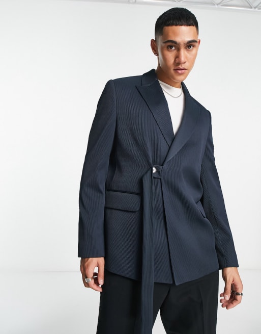 ASOS DESIGN belted suit in navy plisse | ASOS