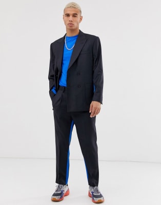 ASOS DESIGN boxy double breasted suit in navy with insert side stripe ...