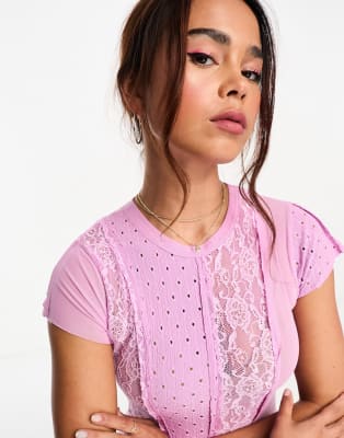 ASOS DESIGN co-ord lace short sleeve top and mini skirt in lilac | ASOS