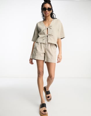 ASOS DESIGN co-ord tie front top in washed beige | ASOS