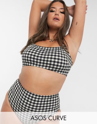 ASOS DESIGN Curve - Bas de bikini taille haute à carreaux vichy - Noir et blanc | ASOS