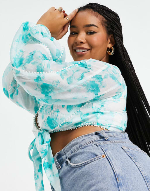 ASOS DESIGN Curve co-ord floral tie front blouson sleeve crop top and ...