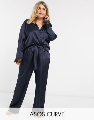 ASOS DESIGN Curve - Mix & match - Ensemble en satin avec chemise en dentelle et pantalon | ASOS
