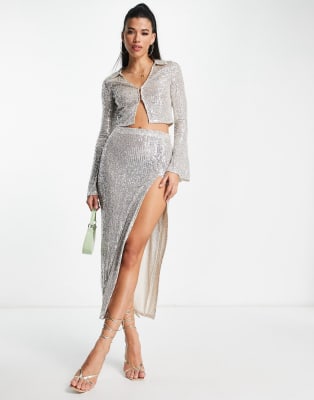 ASOS DESIGN - Ensemble chemise courte et jupe mi-longue à sequins - Huître | ASOS
