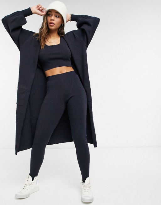 ASOS DESIGN - Ensemble en maille avec cardigan, caraco et legging - Bleu marine | ASOS