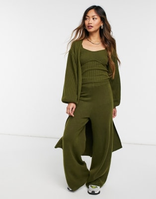 ASOS DESIGN - Ensemble en maille avec cardigan long, caraco et pantalon large - Kaki | ASOS