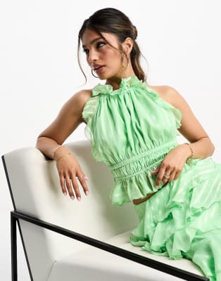 ASOS DESIGN - Ensemble habillé avec top dos nu et jupe longue à volants en satin rayé - Vert | ASOS