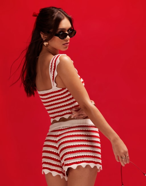ASOS DESIGN - Ensemble rayé avec crop top à encolure carrée et short en maille au crochet ...