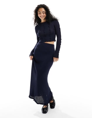 ASOS DESIGN - Ensemble top et jupe longue en maille avec volants et détails cousus - Bleu marine ...