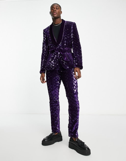 Asos Design Fioletowy Aksamitny Zestaw Garniturowy O Obcisłym Kroju Z