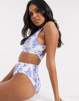 ASOS DESIGN – Geblümte Bikinihose mit hohem Bund und hohem Beinausschnitt | ASOS