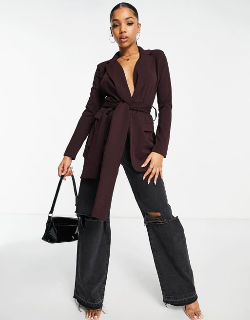 ASOS DESIGN Hourglass jersey suit with obi tie waist in wine | ASOS