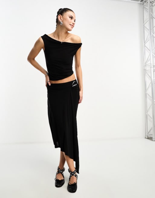 ASOS DESIGN - Jupe mi-longue asymétrique d'ensemble avec anneau - Noir | ASOS