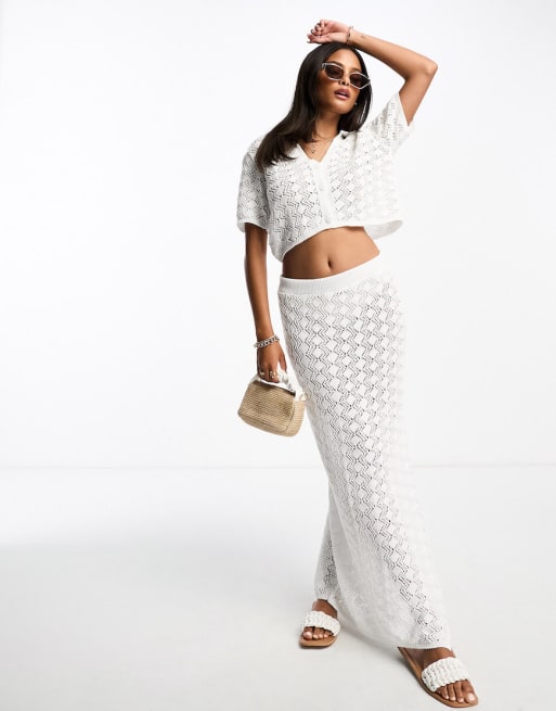 ASOS DESIGN knitted diamond stitch column maxi skirt co-ord in ivory | ASOS