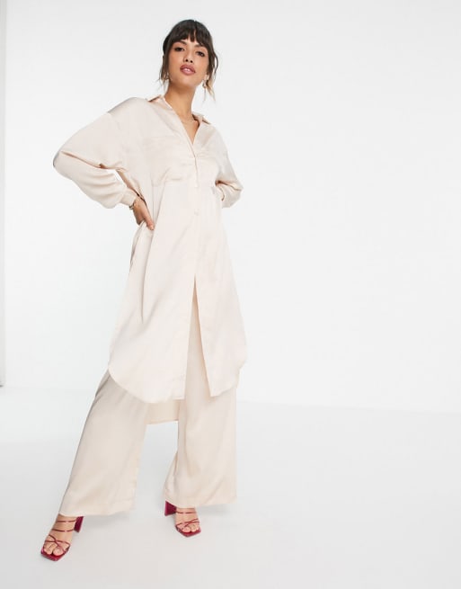 ASOS DESIGN long line satin shirt with wide leg trouser co-ord in ...