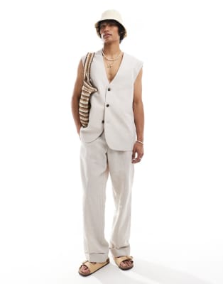 ASOS DESIGN longline vest suit with linen in stone | ASOS