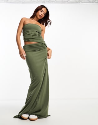ASOS DESIGN low rise fold over maxi fishtail skirt co-ord in khaki | ASOS
