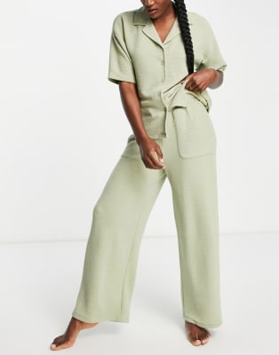 ASOS DESIGN mix & match crinkle jersey pyjama set in sage | ASOS