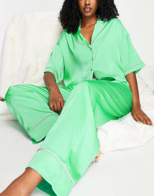 ASOS DESIGN mix & match satin pajama set with contrast piping in green ...