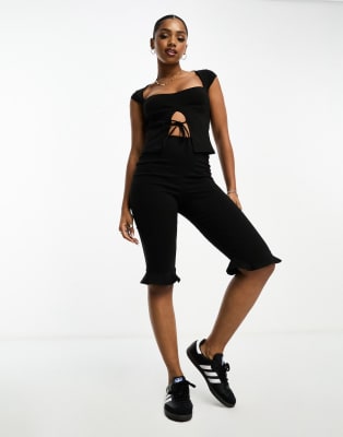 ASOS DESIGN neck split front top and bengaline ruffle hem capri trouser co ord i | ASOS