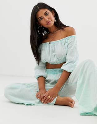 ASOS DESIGN off shoulder beach two-piece in mint crinkle | ASOS