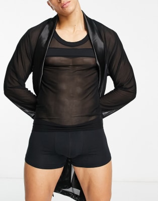 ASOS DESIGN pajama set and robe in black mesh | ASOS