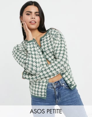 ASOS DESIGN Petite cardigan and crop top in dogtooth patter in green | ASOS