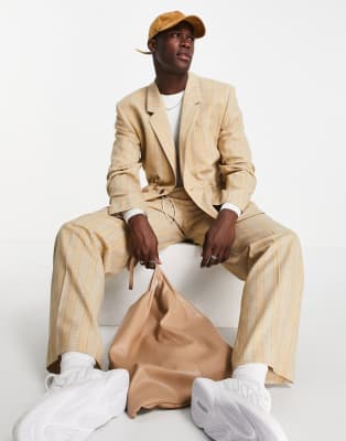 ASOS DESIGN power shoulder suit in stone stripe | ASOS