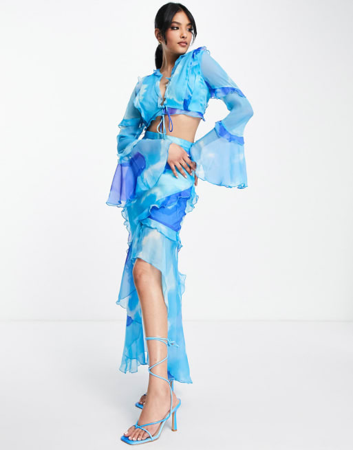 Asos Design Ruffle Detail Top With Tie Front In Blue Abstract Print