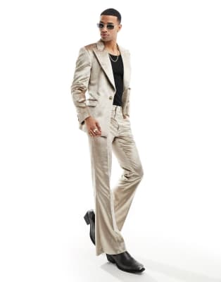 ASOS DESIGN skinny flare suit in embossed gold velvet | ASOS