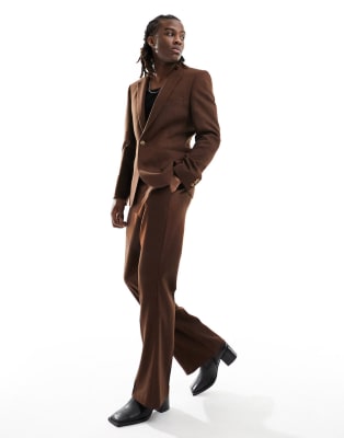 ASOS DESIGN skinny high waisted flare suit in brown wool mix | ASOS