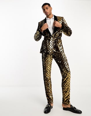 ASOS DESIGN skinny suit in diamond sequin in gold | ASOS
