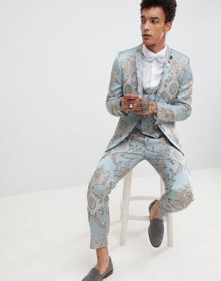 ASOS DESIGN skinny suit in duck egg jacquard with sequined parrot | ASOS