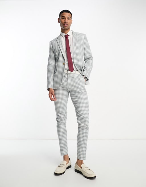 Asos Design Skinny Suit In Linen Mix In Gingham In Blue Asos
