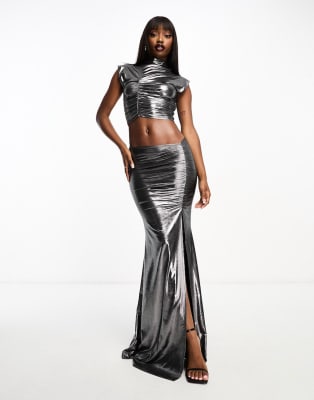 ASOS DESIGN – Srebrny zestaw z marszczonym topem i spódnicą maxi typu ...