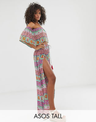 ASOS DESIGN Tall frill beach top & trouser co-ord set in tile print | ASOS