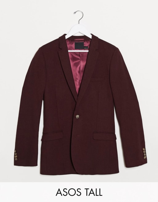 ASOS DESIGN Tall wedding super skinny wool mix suit in burgundy | ASOS