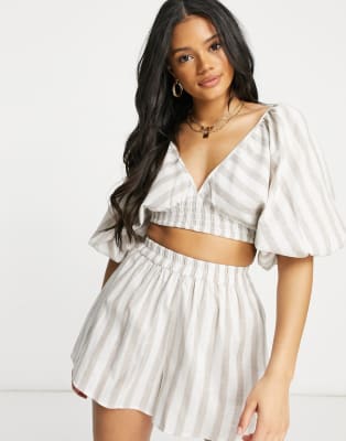 ASOS DESIGN volume sleeve beach set in neutral stripe print | ASOS