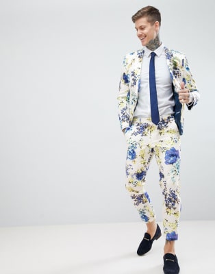 ASOS DESIGN Wedding – Enger Anzug aus weißer Baumwolle mit Blumenmuster ...