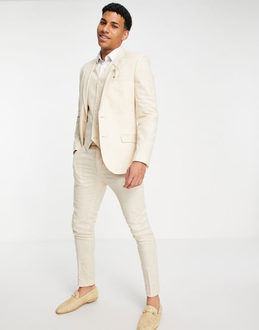 Asos Design Wedding Linen Mix Super Skinny Suit With Prince Of Wales