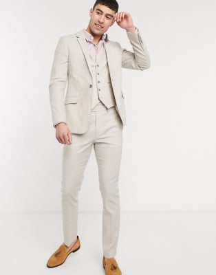 ASOS DESIGN wedding skinny suit in stretch cotton linen in stone | ASOS
