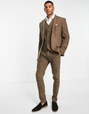 ASOS DESIGN wedding skinny wool mix suit in camel herringbone | ASOS
