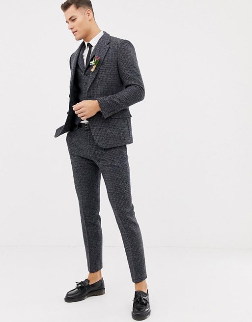 ASOS DESIGN wedding slim suit in 100% wool Harris Tweed blue micro ... ASOS DESIGN wedding slim suit in 100% wool Harris Tweed blue micro ...
