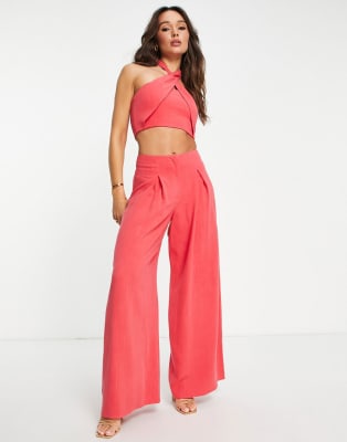 ASOS DESIGN wide leg linen pants set with pleat front in red and trou ...
