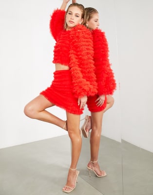ASOS EDITION blouson crop top & mini skirt in tulle in bright red - RED ...