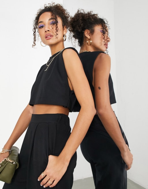 Asos Edition Boxy Crop Top And Pants In Textured Jersey In Black Asos