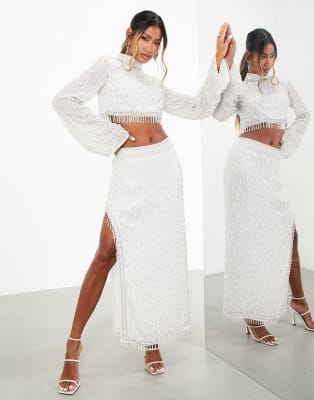 ASOS EDITION - Crop top et jupe mi-longue avec ornements de perles linéaires - Blanc | ASOS